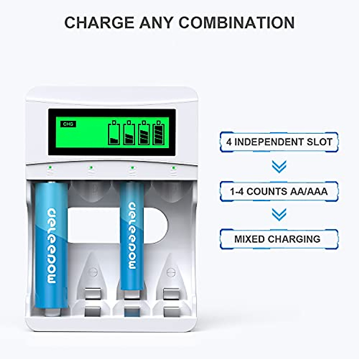 Deleepow AAA Rechargeable Batteries 1100mAh 1.2V nimh AAA Rechargeable Batteries 8-Pack 1200Cycles with USB LCD Charger