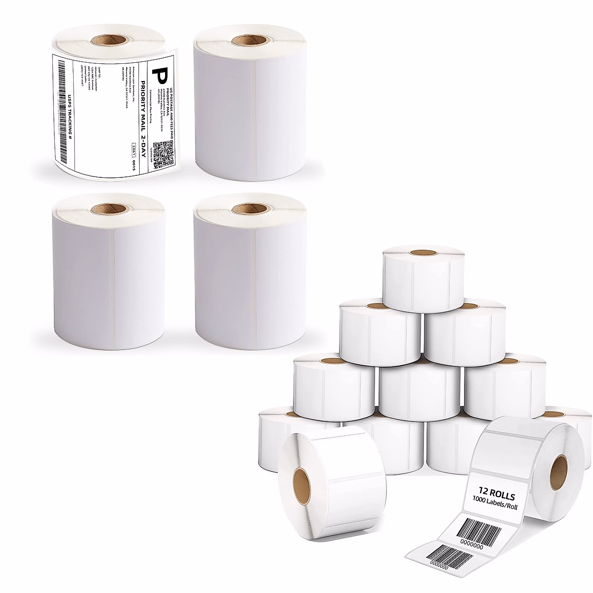 AKOGIRSE 4 Rolls 4x6 Direct Thermal Shipping Labels, 12 Rolls 2.25"x1.25" Multipurpose Barcode/FNSKU/UPC/FBA Direct Thermal Label, Water & Grease Resistant, Ultra Strong Adhesive, Perforated, BPA Free