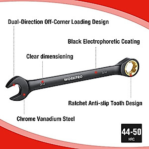 WORKPRO 9-Piece Anti-Slip Ratcheting Combination Wrench Set, SAE 1/4"-3/4", 72-Tooth, Cr-V Constructed, Black Ratchet Wrenches Set with Roll Up Pouch