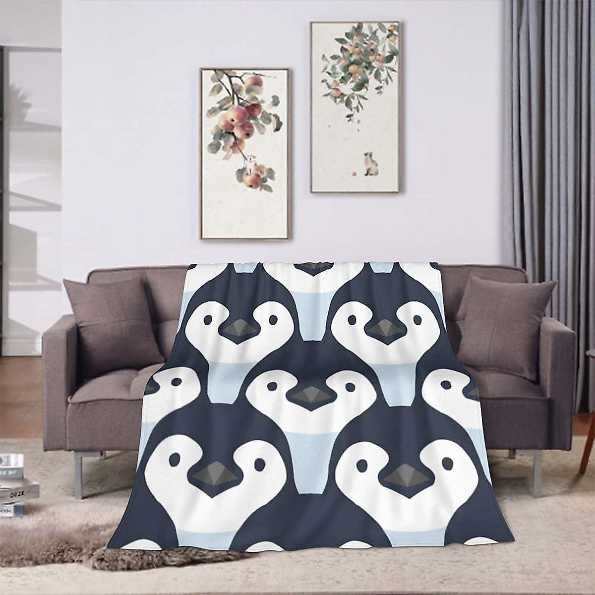 Throw Blanket 60x80 Inch,Bird Christmas Penguins Winter Flannel Soft Cozy Fluffy Throw Blankets and Warm Throws for Adults in Couch Sofa Bed 80x60 Inch