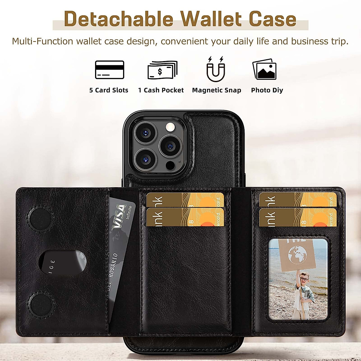 LOHASIC for iPhone 14 Pro Max Wallet Case, Premium Leather Cover Compatible with MagSafe Charger Magnetic Detachable Wallet 5 Card Holder Kickstand Protective Phone Case for Men 6.7 inch - Black