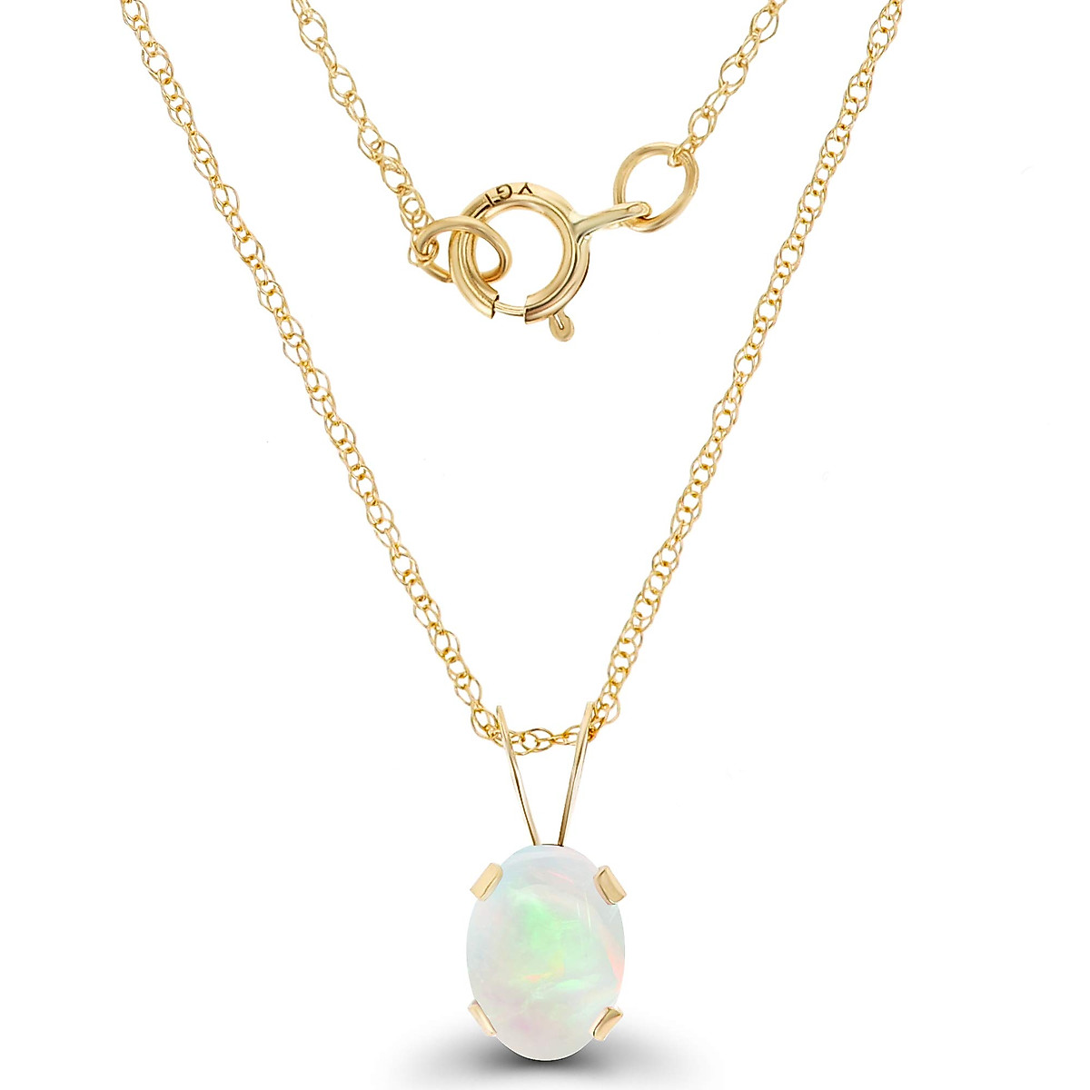 Solid 10K Yellow Gold 7x5mm Oval Genuine Opal October Birthstone 18" Rope Chain Necklace | 10K Gold Opal Necklace For Women