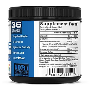 PEScience High Volume Nitric Oxide Booster Pre Workout Powder with L Arginine Nitrate, Raspberry Lemonade, 36 Scoops, Caffeine Free