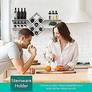 Ejoyous Wine Rack with Glass Holder Wall Mounted, Rustic Wooden Wine Bottle Rack Cabinet Grid Hanging Wine Stemware Storage Rack Plant Flower Display Shelf for Bar Kitchen Restaurants (White 1)