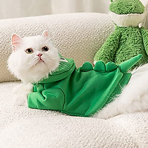 MQQYLBHDS Cartoon Dino Dog Hoodies Halloween Cat Costume Pet Dinosaur Cosplay Green Puppy Hooded Coat Doggy Warm Clothes with Hat Winter Sweatshirt for Cats and Small Medium Dogs (A, Small)