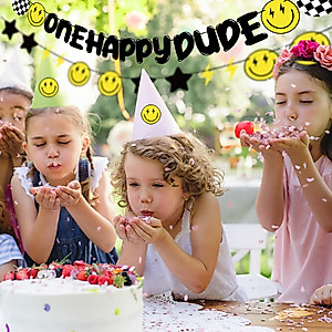 Crowye 28 Pcs One Happy Dude Birthday Decorations One Happy Dude 1st Birthday Banner Smile Face Hippie Happy First Birthday Banner for Baby Shower Birthday Party Decoration Supplies