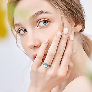 ADRAMATA 925 Sterling Silver Moonstone Ring for Women 18K White Gold Plated Rainbow Moon Stone Rings Victorian Style Gemstone Solitaire Oval Moonstone Ring Size 8