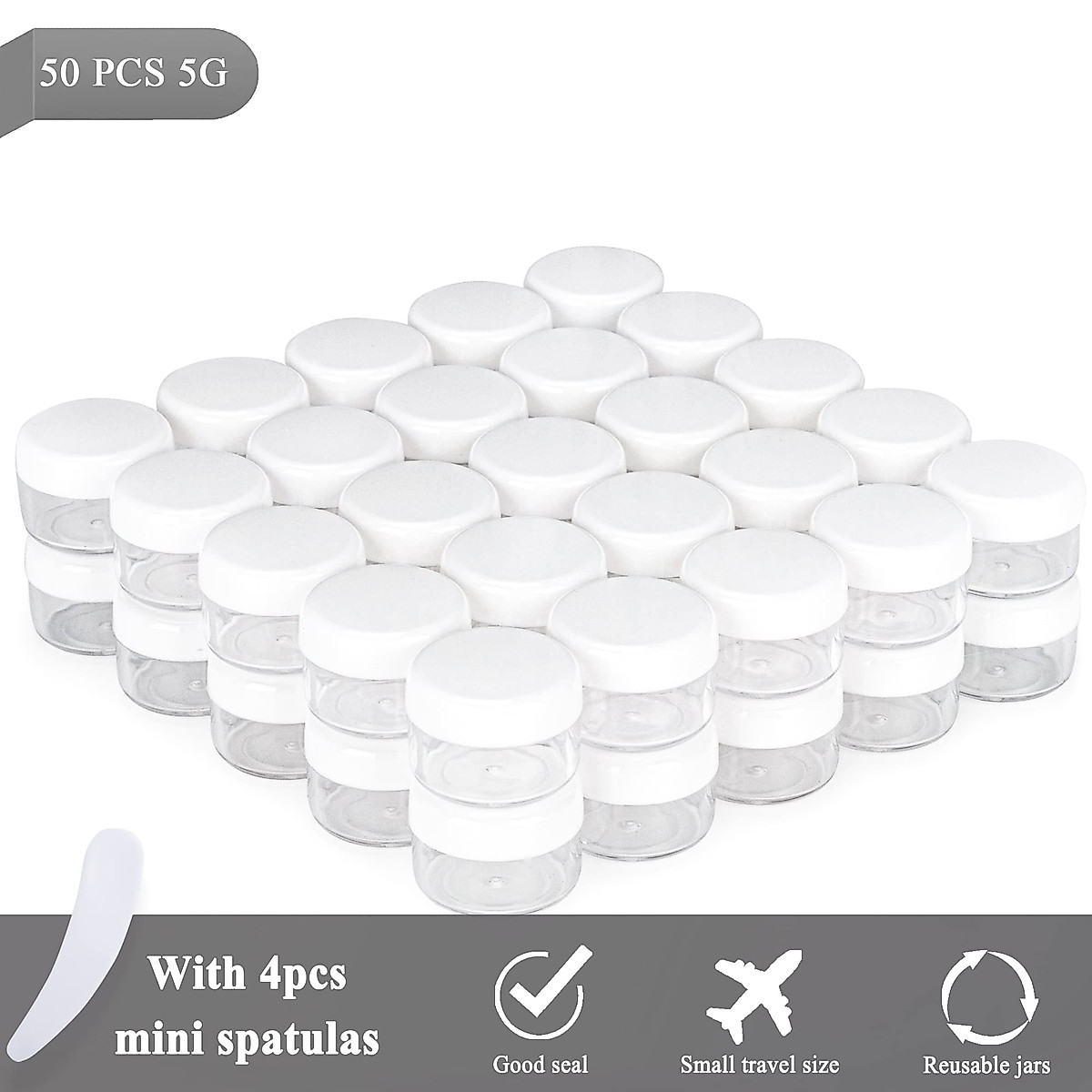 50PCS 5 Gram Sample Containers, 5ml Empty Jars with Lids, Small Cosmetic Containers, Mini Sample Jars with 4PCS Mini Spatulas for Make Up, Oils, Lotion, Powder, Paint, Jewelry, Lip Balms(White Lid)