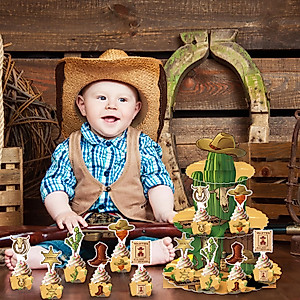 LXlucktim Western Cowboy Party Decorations Cupcake Stand, 3 Tier Cardboard Cowboy Cupcake Holders with 12pcs Cupcake Toppers and 12 Cupcakes Wrappers for Kids Wild Vest Birthday Party Supplies