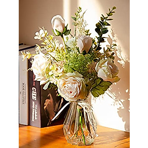 PERFNIQUE Faux Flowers with Vase, Artificial Silk Roses in Vase, Fake Eucalyptus Plant Bouquet, Floral Arrangements for Living Room, Dining Table Centerpiece, Coffee Table Decor (Peach Pink)