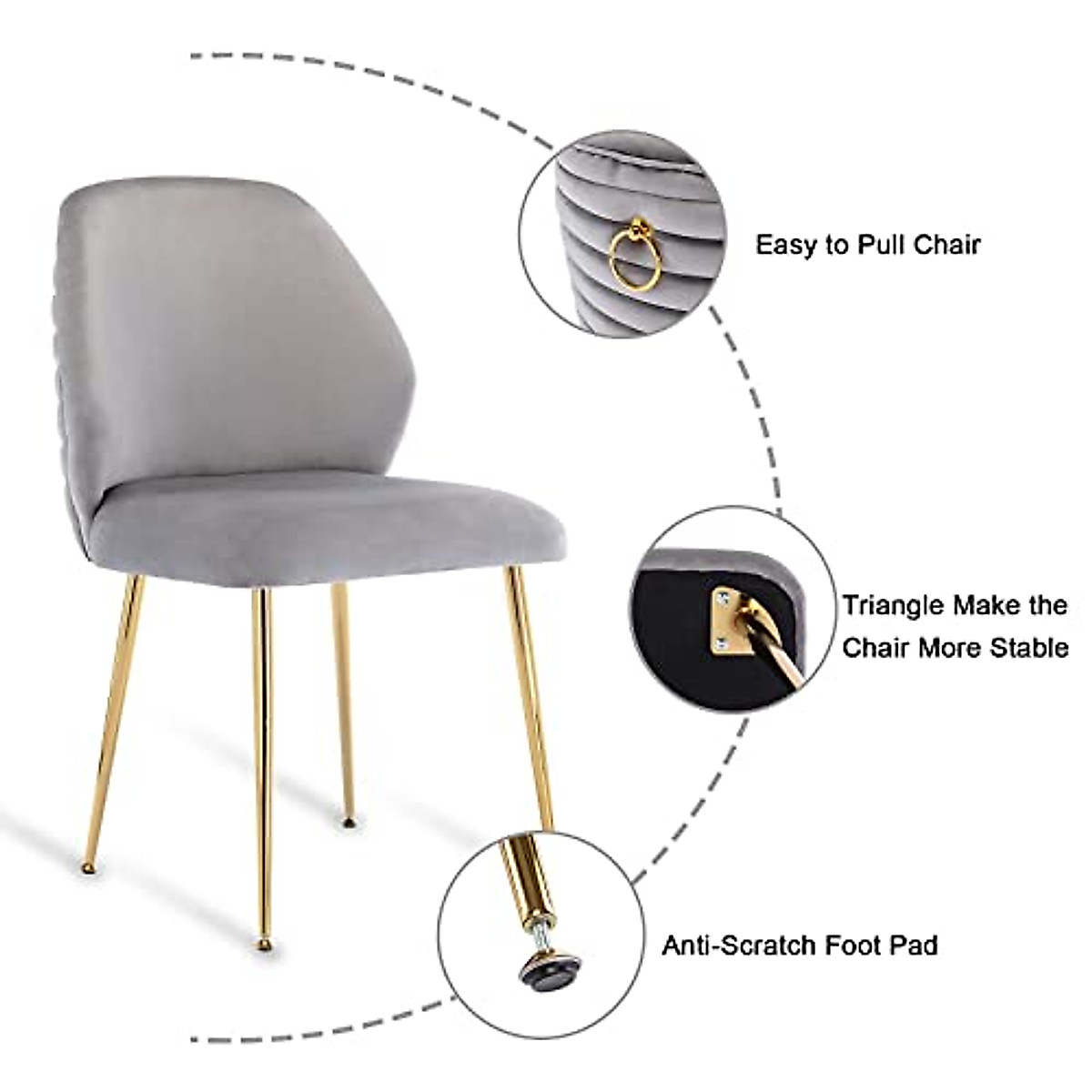 Guyou Grey Velvet Dining Chairs Set of 2, Modern Upholstered Dining Room Chairs Tufted Armless Side Chair with Gold Legs and Ring Pull for Kitchen Living Room Bedrooms Vanity (Grey)
