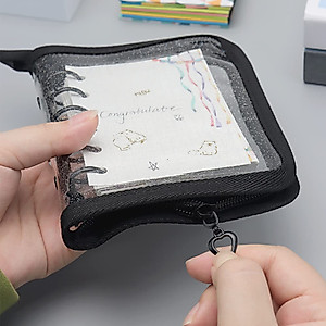 Clear A7 Binder Wallet Zipper Balck 6 Ring Glitter Budget Binders Loose Leaf Zip Up Binding Cover for Cash Envelopes System Photocard Album Journaling Planner (Black 4.5“x6)