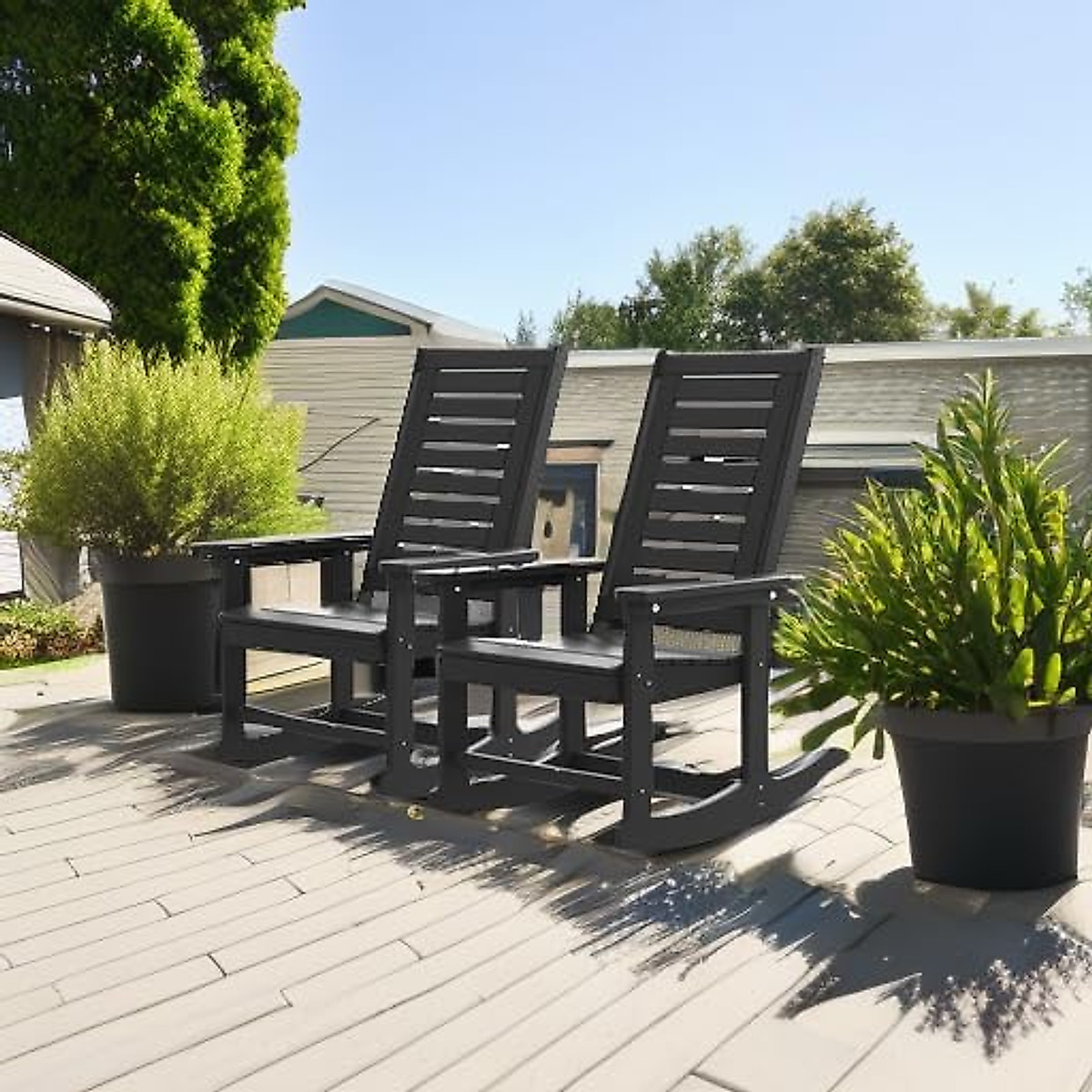 GREENVINES Outdoor Rocking Chairs | Set of 2 | Porch Rocker | HDPE Plastic | Black | Oversized Rockers | High Back | Big & Tall | Ladder Back | for Patio Outside Backyard Balcony Garden