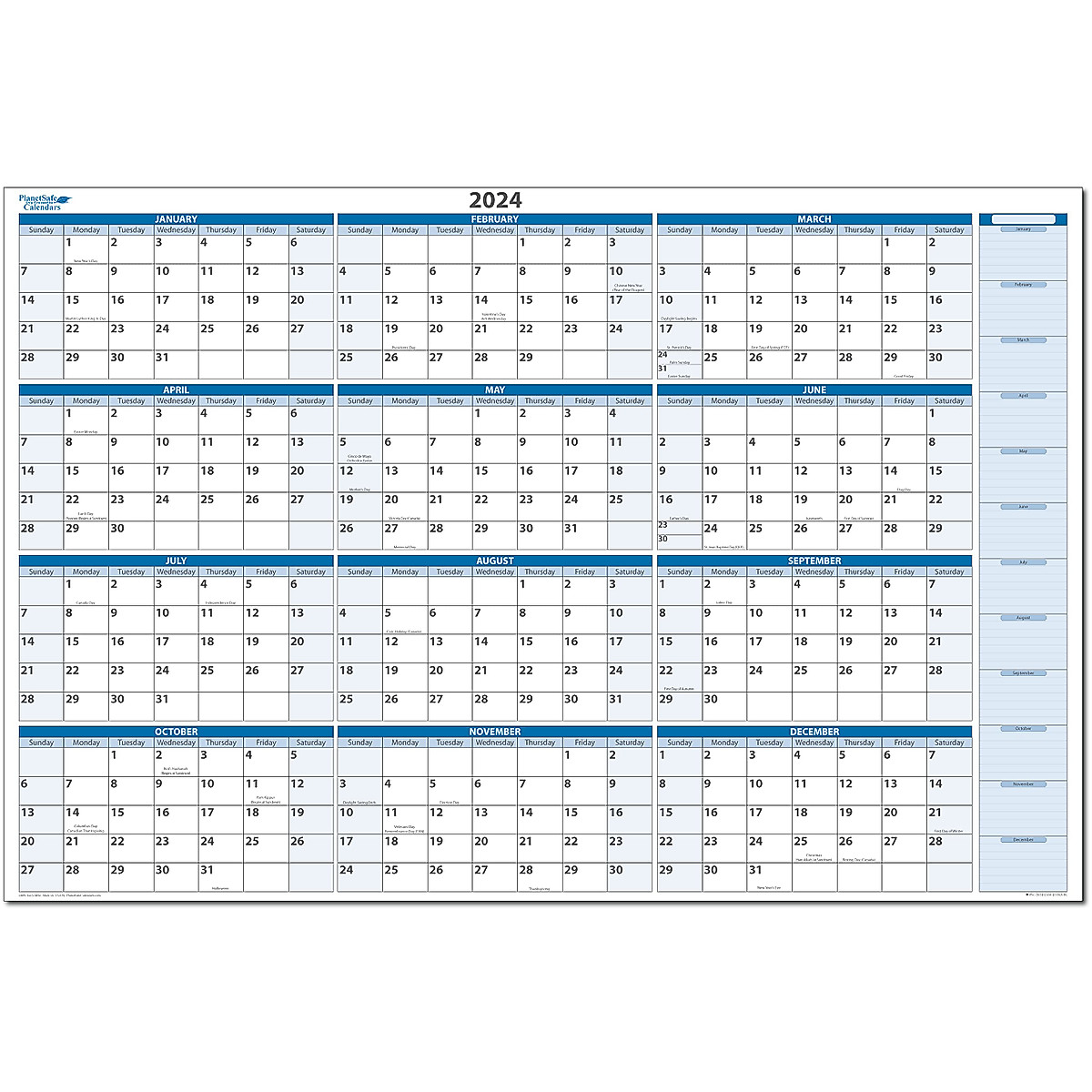 2024 Horizontal Sky Blue Wet & Dry-Erasable Wall Calendar 36 tall x 56 wide with next year planning area