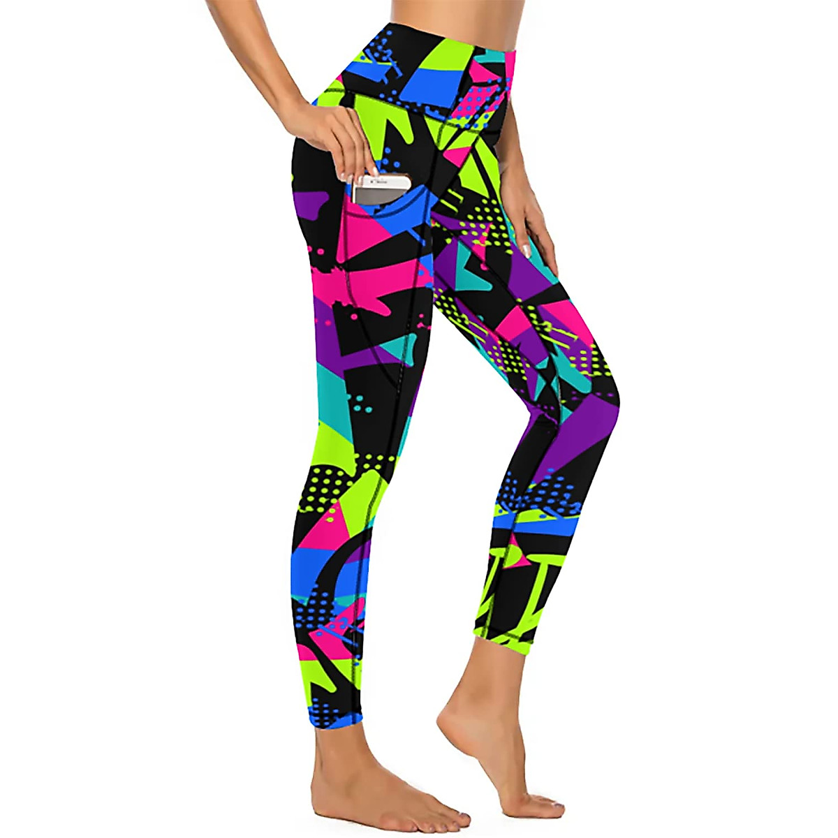 QIVICIMA Women High Waist Workout Leggings Geometry Printed Gym Athletic Tummy Control Yoga Pants with Pockets D41 Geometry M