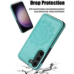 MMHUO for Samsung S23 Plus Case with Card Holder,Flower Magnetic Back Flip Case for Samsung Galaxy S23 Plus Wallet Case for Women,Protective Case Phone Case for Samsung Galaxy S23 Plus 5G,Mint