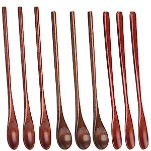 HANSGO 9PCS Wooden Coffee Spoons, Long Handle Wooden Spoon Mixing Honey Spoon Handmade Wood Stirring Spoon for Team Jam Dessert Honey Kitchen Utensil