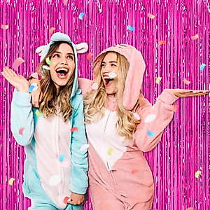 3 Pack Fuchsia Foil Fringe Curtains Backdrop, 3.28 x 8.2 Ft Metallic Streamers Tinsel Curtains Background for Photo Booth, Birthday, Halloween, Christmas, Thanksgiving, New Year Party Decorations