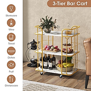 Giantex Gold Bar Cart, Home Island Service Cart, 3 Tier Storage Shelves with Guardrail, Imitation Marble Top, Kitchen Utility Trolley on Wheel Lockable for Dining Room Wine Coffee Bar White (1)