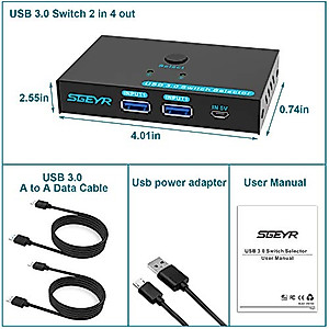 SGEYR USB 3.0 Switch USB Switcher 2 Computers Sharing 4 USB Devices USB Metal KVM Switch for Printer, Keyboard switches, Scanner PCs with One-Button Swapping and 2 Pack USB Cables