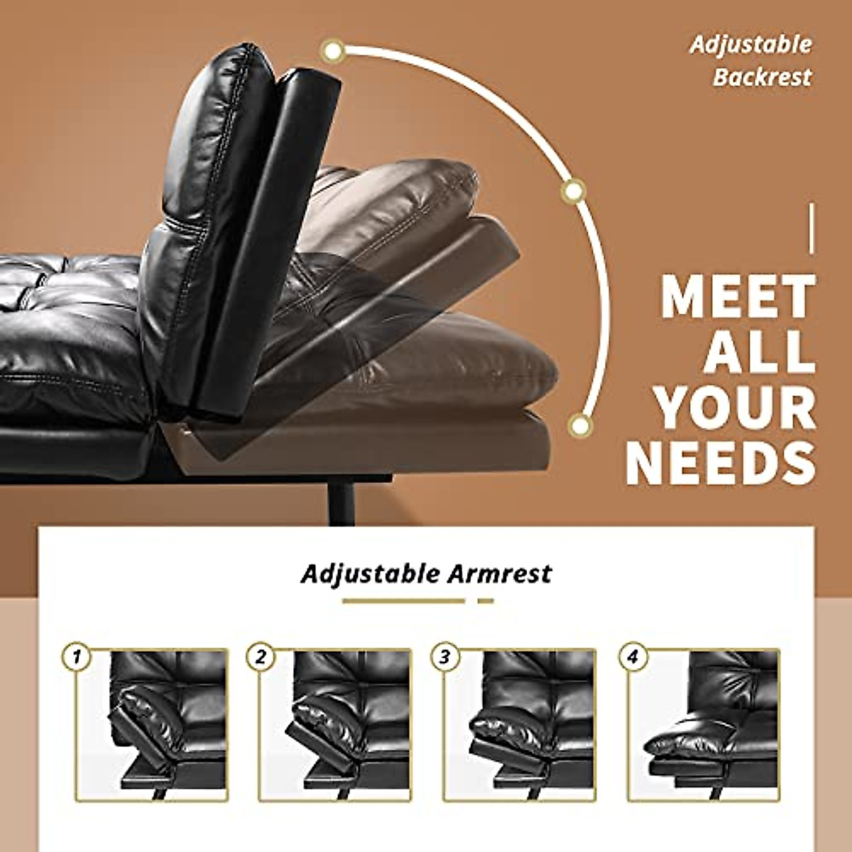 IULULU Futon, Convertible Memory Foam Couch Bed, Modern Folding Sleeper Sofa with Quick Adjustable Armrest and Backrest for Studio Apartment, Dorm, Living, Guest Room, Home Office, Black