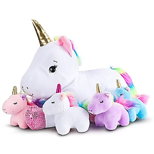 Pegmapri 16inch Unicorn Stuffed Animals PlaySet- Unicorn Doll Toy Gifts for Girls - Stuffed Mommy Unicorn with 4 Baby Plush Unicorns