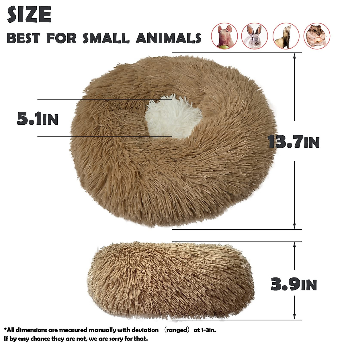 TTANFY Ferret Plush Donut Bed Soft Plush Small Pet Cushion Long Plush & Self-Warming Bed Waterproof Bottom for Ferret Guinea Pig and Small Animals (Brown)