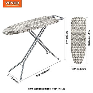 VEVOR Ironing Board with Large 51 x 13 Ironing Surface, Thickened 4 Layers Iron Board with Heat Resistant Cover and 100% Cotton Cover, 7 Adjustable Heights Ironing Board for Home Laundry Room Use