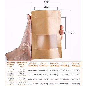 Kingrol 300 Pack 3.5 x 5.5 Inch Mini Kraft Paper Bags with Resealable Lock Seal Zipper &Transparent Window, Stand Up Food Bags