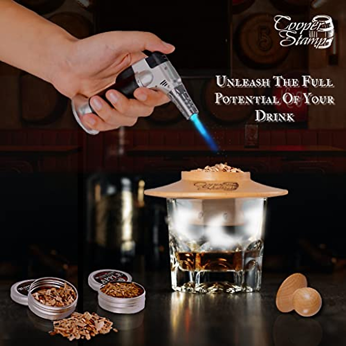 COOPER STAMP Cocktail Smoker Kit - Old-Fashioned Drink Smoker with Torch - 4 Kinds of Wood Chips - Gift for Whiskey/Bourbon Lover, Men, Father, Husband - Butane not Included