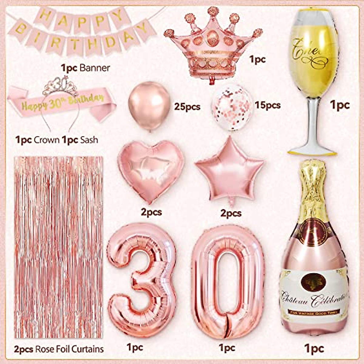 30th Birthday Decorations for Women, Rose Gold 30 Birthday Decorations for Her, Including Happy Birthday Sash, Crown, Banner, Foil Backdrops, Rosegold Balloons for 30th Birthday Party Supplies