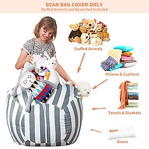 Aubliss Stuffed Animal Bean Bag Storage Chair, Beanbag Covers Only for Organizing Plush Toys, Turns into Bean Bag Seat for Kids When Filled, Medium 32"-Canvas Stripes Grey/White