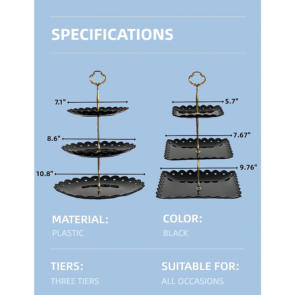 RAUVOLFIA 2 Pack of Large Round & Square Dessert Cupcake Stand, 3 Tier Cup Cake Holder Tower for Tea Party/Birthday/Wedding, Plastic Tiered Serving Tray (Black)