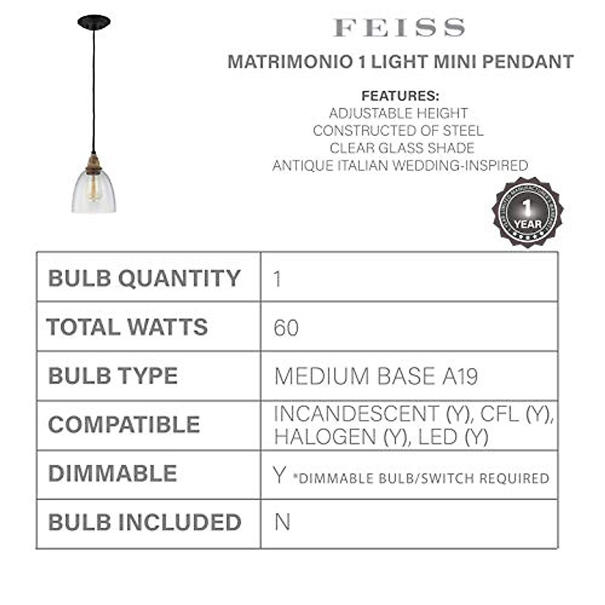 Feiss P1394DFW/DWZ Matrimonio Glass Pendant Lighting, Brown, 1-Light (6"Dia x 9"H) 60watts