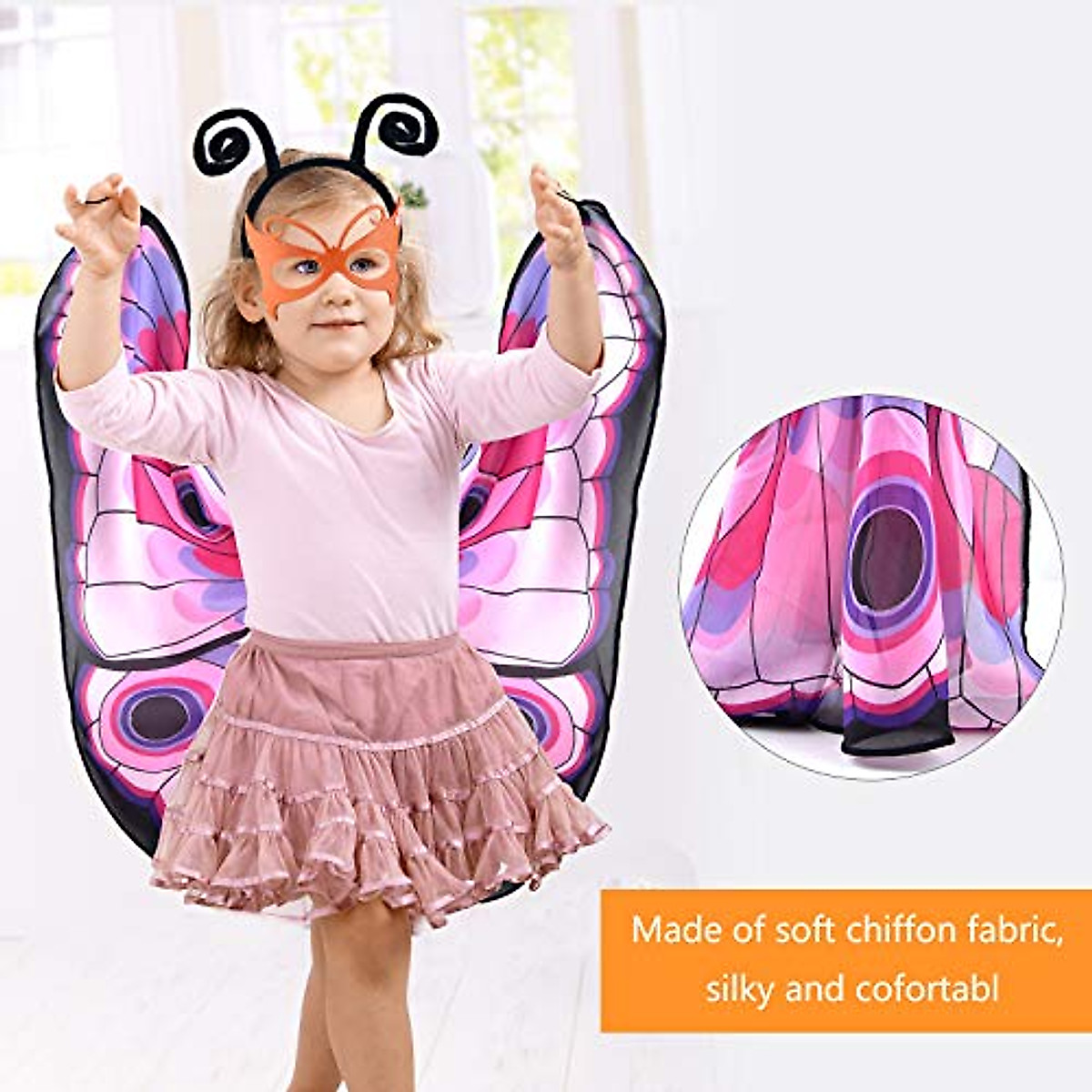 Coopay 10 Pieces Kids Butterfly Wings Costume with Masquerade Mask Antenna Headband for Kids Halloween Party (Rainbow and Pink)