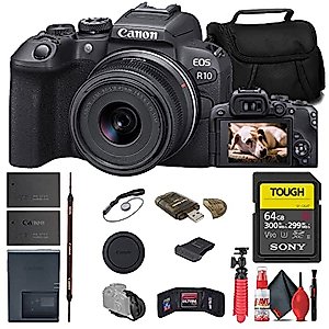 Canon EOS R10 Mirrorless Camera with 18-45mm Lens (5331C009) + Sony 64GB Tough SD Card + Bag + Card Reader + Flex Tripod + Hand Strap + Memory Wallet + Cap Keeper + Cleaning Kit (Renewed)
