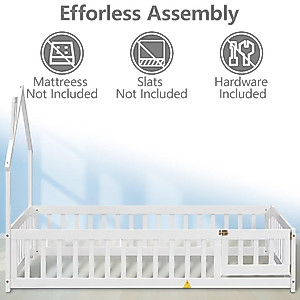 TURRIDU Twin Size Montessori Floor Bed with Fence and Door, House-Shaped Headboard Floor Bed with Full-Length Guardrails, Floor House Bed for Children Girls Boys, No Weight Limit, White