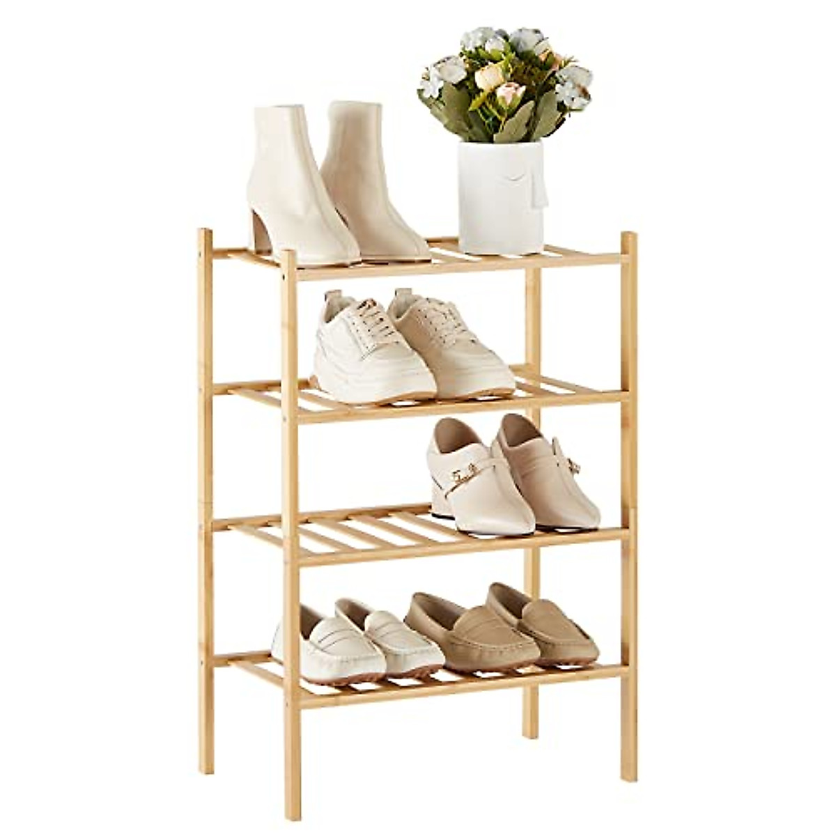 Trenect Shoe Rack for Entryway Closet 4 Tier Narrow Shoe Rack Stackable Organizer Storage Bamboo Shoe Rack Vertical Small Shoe Rack Shelf Free Standing Shoe Racks D11 * W17.7 * H26.2 Inches (Natural)