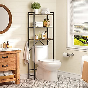 Hoctieon 3-Tier Over The Toilet Storage,Multifunctional Bathroom Organizer,Wood Bathroom Shelf, Metal Freestanding Toilet Rack with Hooks,Washroom Shelves, Space Saver, Rustic Brown