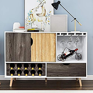 Giantex Buffet Sideboard with Storage, Wine Bar Cabinet for 10 Bottles, Glass Holder, Large Drawer, Wood Cupboard Pantry for Kitchen Cupboard, Standing Credenza (White & Wood)