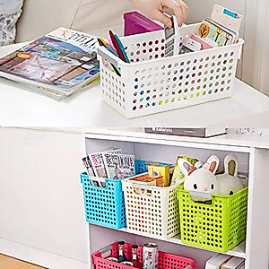 Bekith 6 Pack Plastic Storage Basket, Slim White Organizer Tote Bin Shelf Baskets for Closet Organization, De-Clutter, Accessories, Toys, Cleaning Products