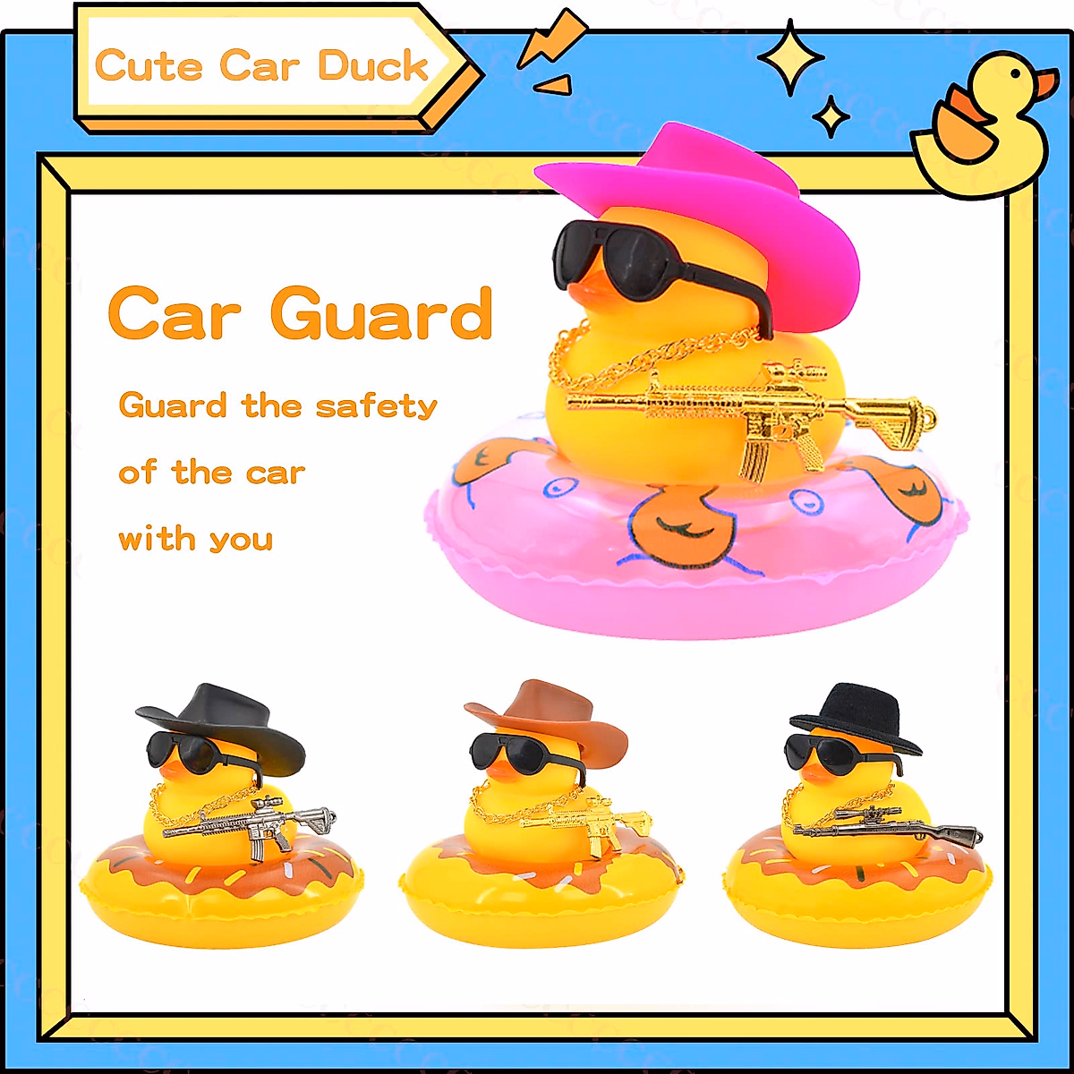 Rubber Duck for Car - Car Duck Decoration Dashboard, Rubber Duck Toy Car Ornament, Car Accessories Duck with Mini Sun Hat Swim Ring Necklace and Sunglasses for Party Favors, Birthdays, Bath Time