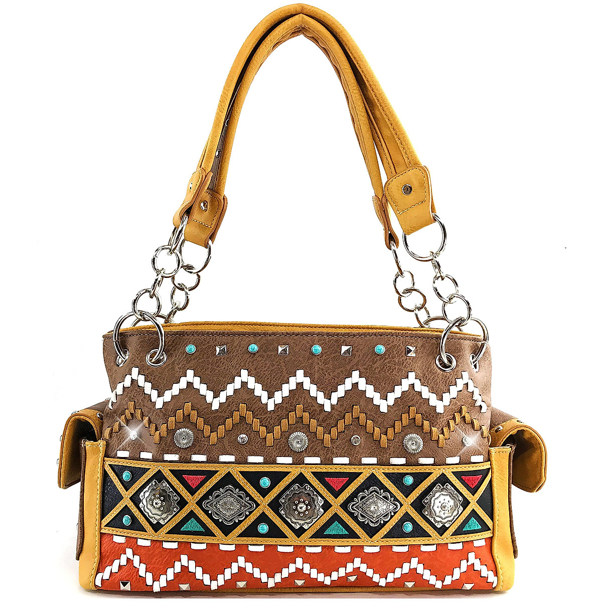 Justin West Native Chevron Color Concho Concealed Carry Handbag Purse (Beige Handbag Only)