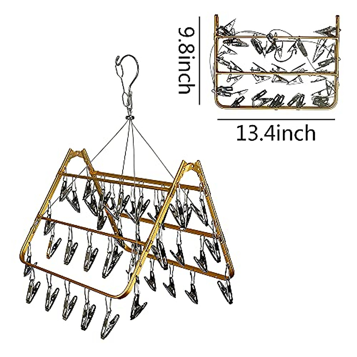 KANGCAI Socks Hanger 42 Clips Drip Hangers Clothes Drying Rack herb Drying Rack tendederos de ropa para secar Foldable Hanging Racks for Laundry Racks Apartments (Gold)