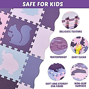 FUN LITTLE TOYS 25 PCS Baby Foam Play Mat, Interlocking Tiles Playmat with Fence Large 45x45 Thick 0.47 inch Purple Animals Puzzle Floor Mat for Kids Babies Toddlers Infants Crawling Room Decor