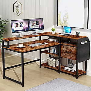 Loomie Reversible L Shaped Desk with Drawer, 55" W x 41" D Industrial Corner Computer Desk with 4 Tier Shelves & Monitor Stand and Bag, Study Table for Home Office, Rustic