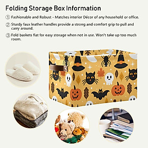Large Foldable Storage Basket Halloween Spooky Skull Pumpkin Black Cat Storage Bin Canvas Toys Box Fabric Decorative Collapsible Organizer Bag with Handles for Bedroom Home