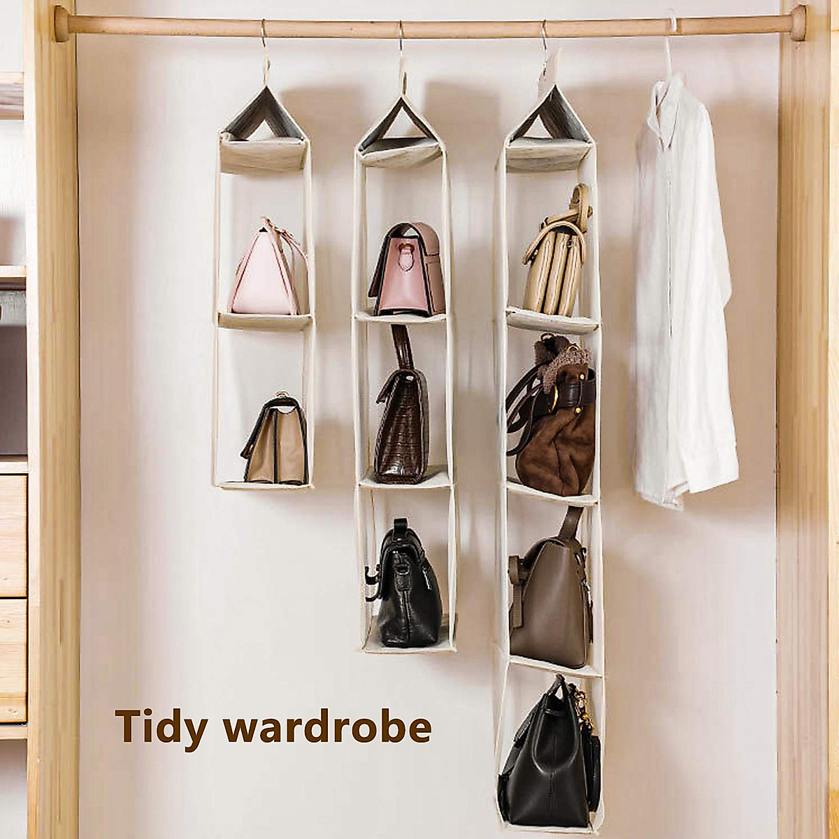 BIMZUC Hanging Handbag Organizer, [2 Pcs] Closet Hanging Organizer for Purse Handbag Bag, Hanging Purse Storage Organizer, Closet Organizers Storage for Room Family Bedroom Use, 4 Grids-Beige