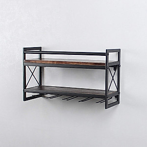 MBQQ Wine Rack Stemware Glass Rack,Industrial 2-Tier Wood Shelf,36" Wall Mounted Wine Racks with 8 Stem Glass Holder for Wine Glasses,Mugs,Home Decor,Black