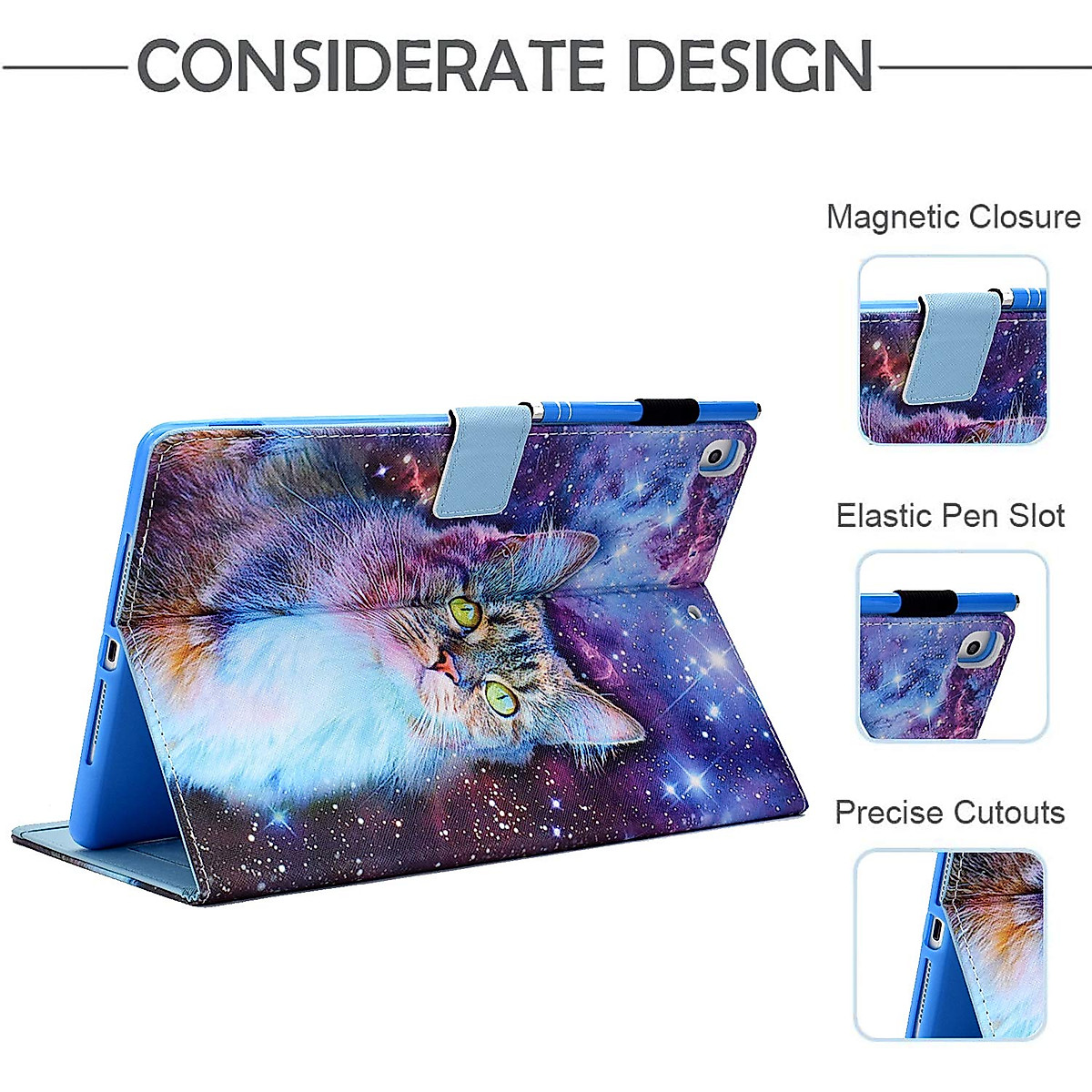 KEROM Case for iPad 9.7 inch (Fits iPad 6th/5th Generation 2018/2017, Also Fits iPad Pro 9.7 and iPad Air 2/1), Premium PU Leather Smart Folio Stand Cover with Auto Sleep Wake, Space Cat